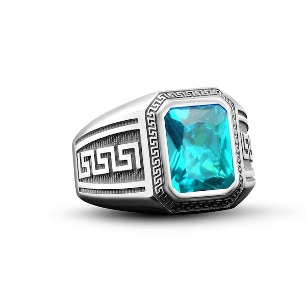 Silver Greek Men Rings, Signet Blue Topaz Ring, Shiny Silver Men Ring ...