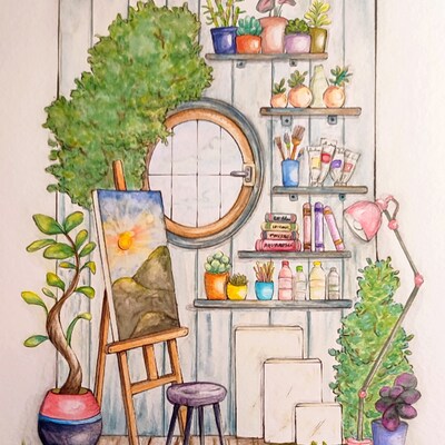 Atelier Interior Coloring Pages, Cozy, Plants, Room, Furniture ...