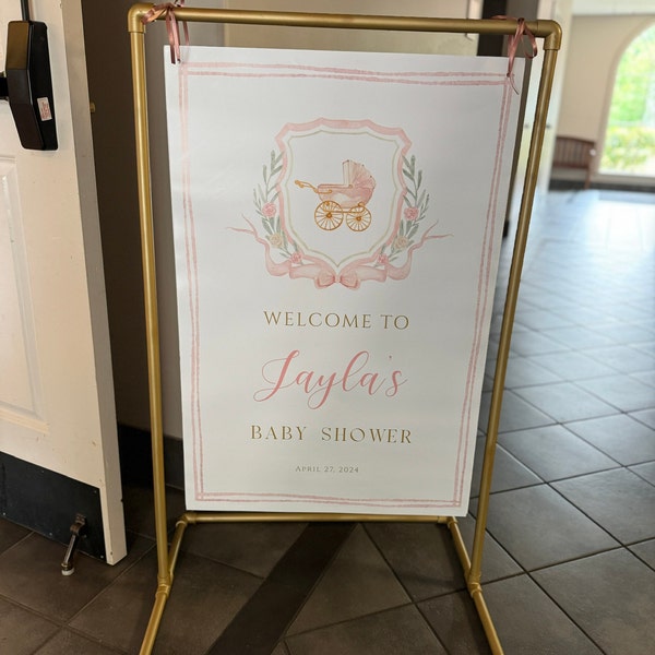 Watercolor Crest Baby Shower Welcome Sign, Girl Carriage, Pink Bow ...