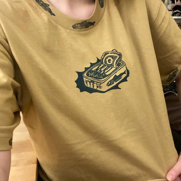 Hand Printed (block Print/linocut) Tee Shirt W/ Vintage Tinned Sardines ...