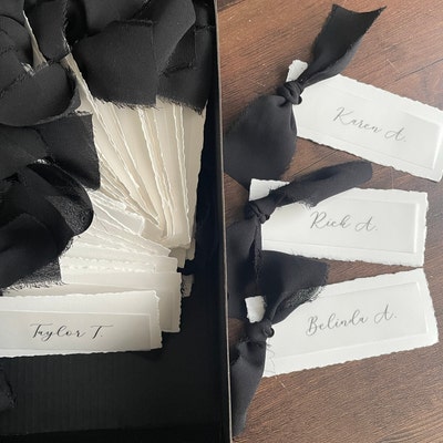 Hand Torn Place Cards and Chiffon Ribbon, Deckle Edge Place Cards With ...