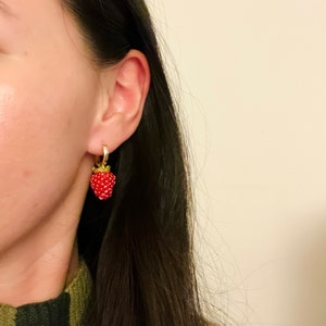 Beaded Raspberry Earrings With Gold or Silver Huggie 3D Handmade Glass ...