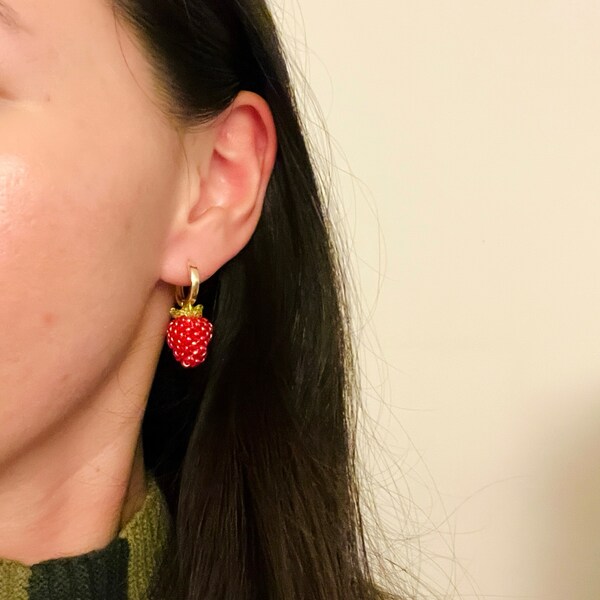 Beaded Raspberry Earrings With Gold or Silver Huggie | 3D Handmade ...