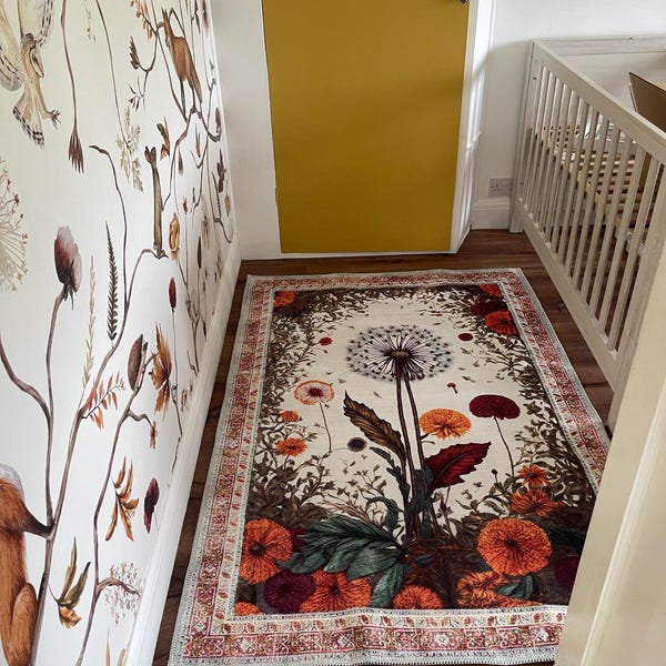 Art Deco House Fly Rug, Bug and Flowers Vintage Rug, Floral Persian Rug ...