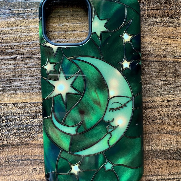 Celestial Stained Glass Moon and Stars Tough Phone Case Faux Stain ...