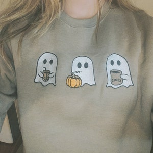 Ghost With Coffee Sweatshirt-halloween Sweatshirt-embroidered Halloween ...