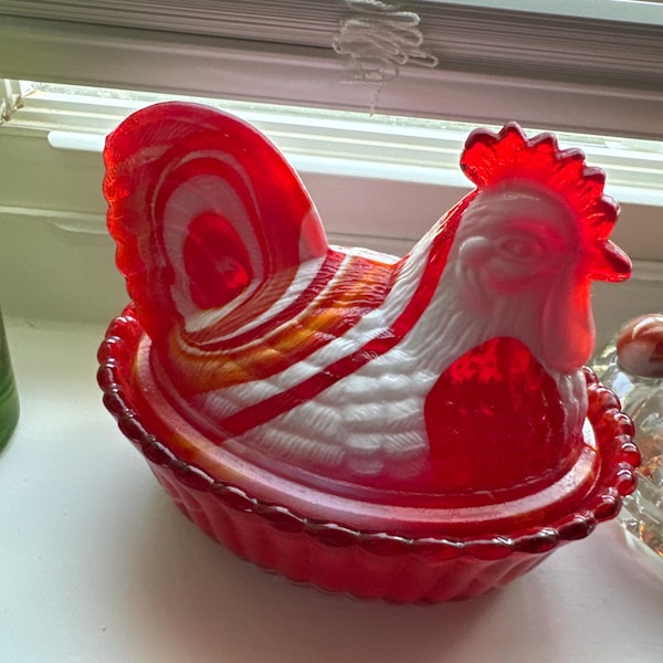 MCM Vintage Indiana Glass Blue Iridescent Carnival Hen on Nest Candy ...