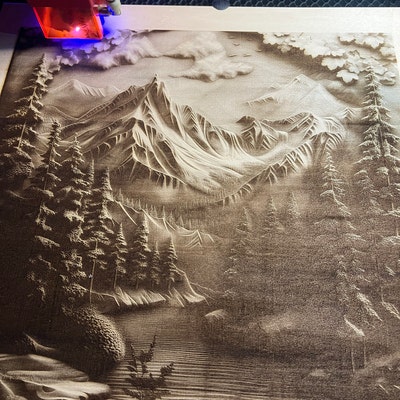 Laser Engrave PNG of a Mountain Forest With River 3D Illusion Burn ...