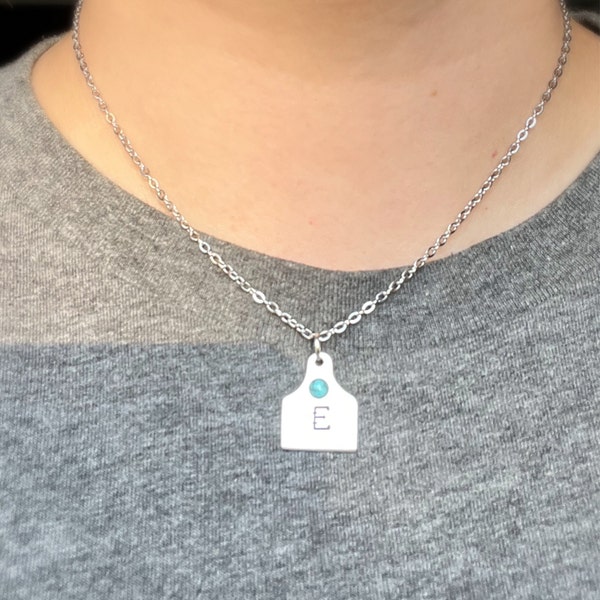 Tiny Turquoise Cattle Tag Initial Necklace - Handstamped Western ...