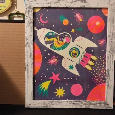 Retro Rocket Girl in Space Risograph Print - Etsy