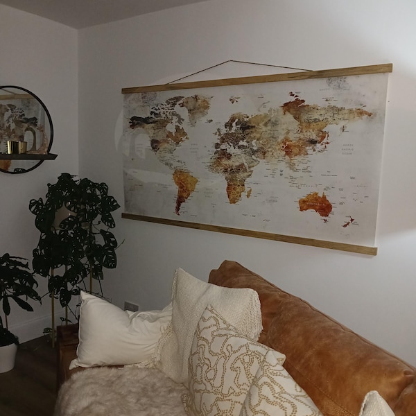 Hanging World Map Canvas, Rustic Frame Home Decor, Earth Colors World ...