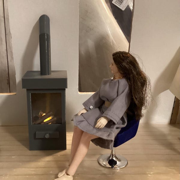 Dolls House Modern Dark Grey Square Log Fire With Light up Flame and ...