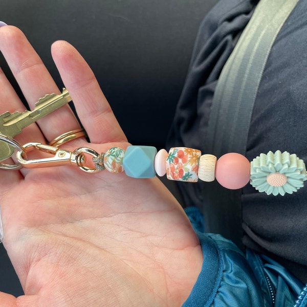 Boho Flower Wood Bead Wood Beaded Teacher Lanyard, ID Badge Keys Holder ...