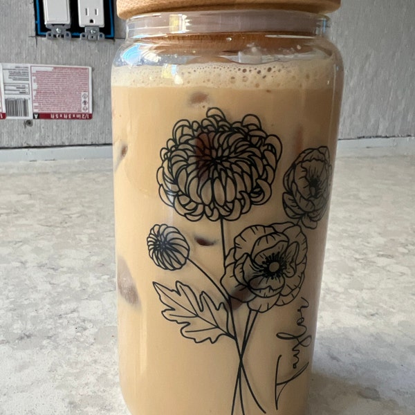 Personalized Birth Flower Iced Coffee Cup, Custom Can Glass With Lid ...