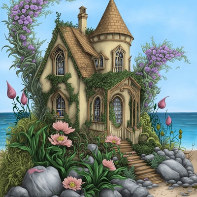 20 Grayscale Ocean Fairy Houses Coloring Book Set 1 Printable Adult ...
