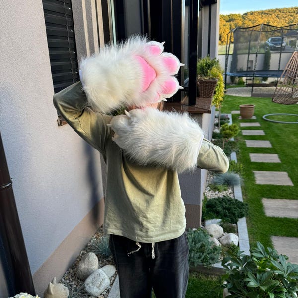 White and Purple Wolf Paw Gloves, Fluffy Kitten Fursuit Paws, Fox Paw ...