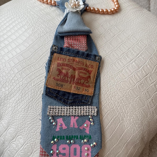Full Glam Denim Junk Tie With Branding & Pearl Necklace – Made-to-order ...