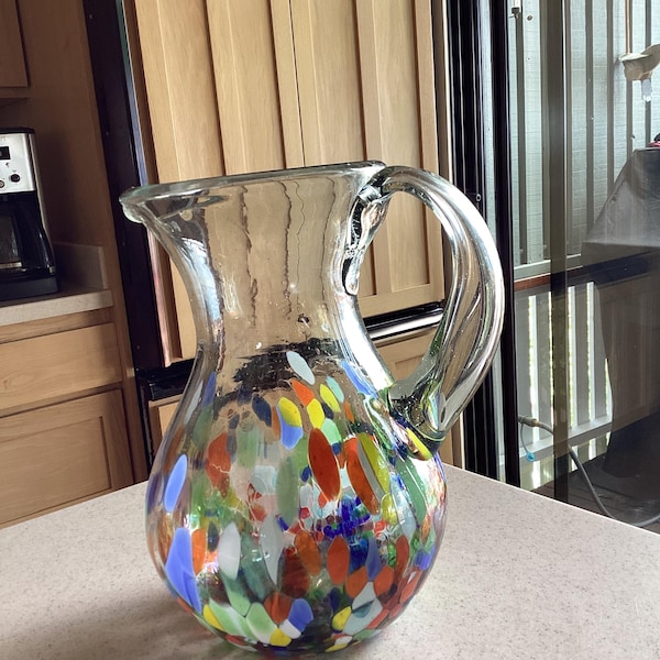 Hand Blown Glass Pitcher – Mexican Pitcher With Cobalt Blue Rim and ...