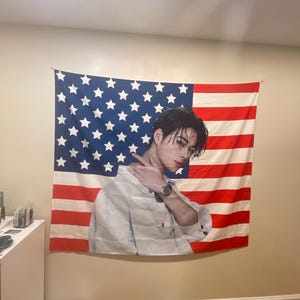 Enhypen Jake Wearing Hoodie Flag Banner, Enhypen Jake American Tapestry ...