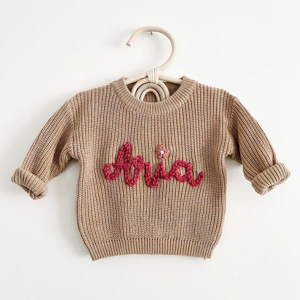 Beige Personalised Baby Name Jumper Hand Embroidered Chunky Knit ...