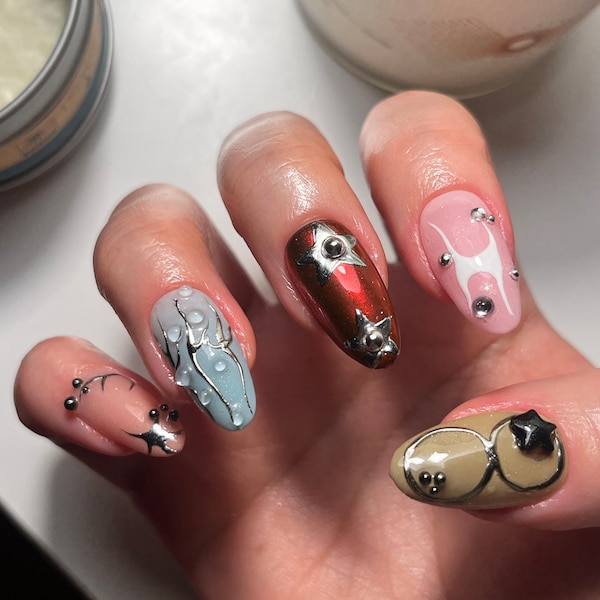 3D Freestyle Almond Goth Press on Nails, Handpainted Luxury Acrylic ...