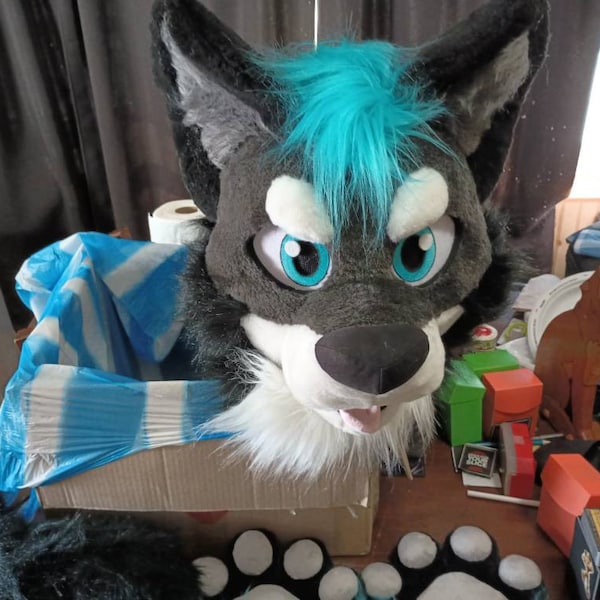 Wolf Fursuit Head and Hand Paws XL Size Made to Order, Grey Teal Fursuit Partial, Wolf Furry ...