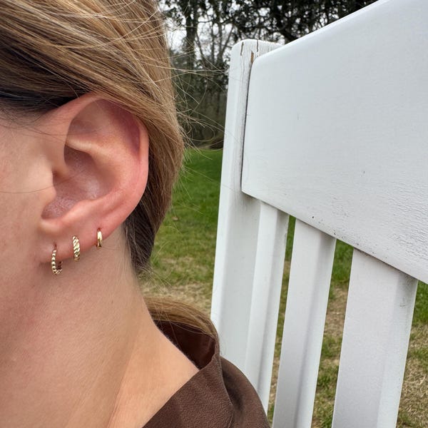 14k Solid Gold Sturdy Extra Long Chain Double Bar Earring, Multiple Piercing Threader, Two Hole ...