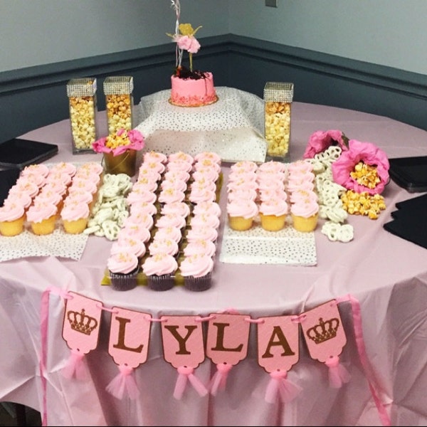 Girls Name Banner With Crowns, Embossed Pink and Gold Banner With Tulle ...
