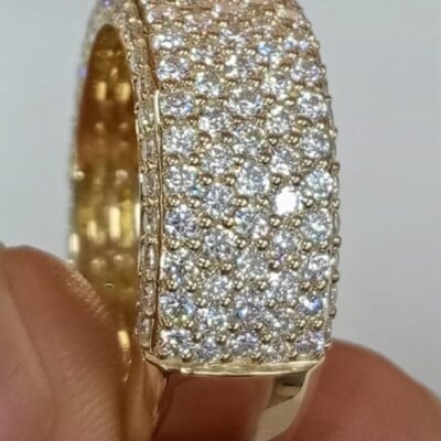 Mens Iced Out Cross Ring Christian Cross Ring 14K Solid Yellow Gold ...