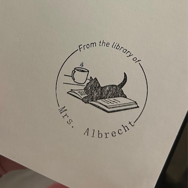 Cat and Open Book Library Stamp Personalised Book Embossing Gifts for ...
