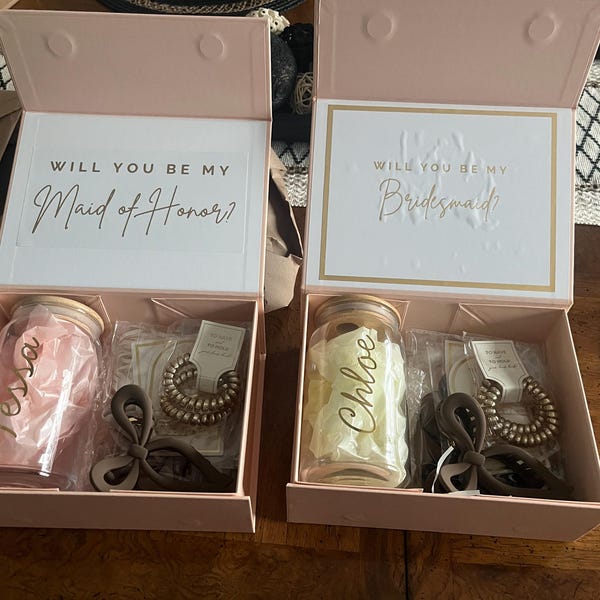 Bridesmaid Proposal Box: Personalized Glass, Hair Accessories Gift Set ...