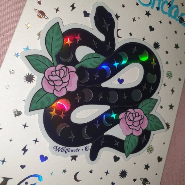 Snake Sticker | Holographic ! | Moon Phases Flowers & Serpent ...