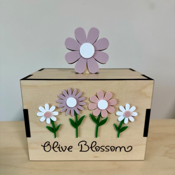 Personalized Flower Piggy Bank: Maple Wood Coin Bank, Baby Girl Gift - Etsy