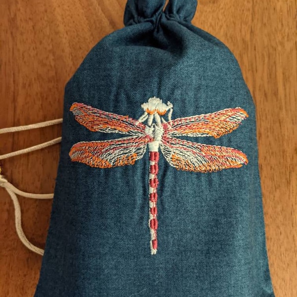 Embroidered Dragonfly Drawstring Bag, Handmade, Silk Lined - Etsy