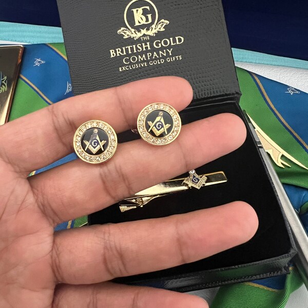 Freemason Gold Crystal Cufflinks Tie Clip Luxury Set for Masonic Any ...