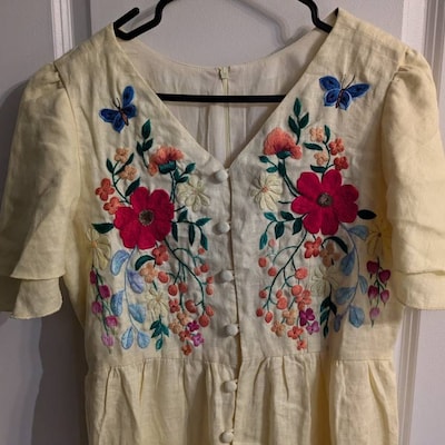 Hand Embroidery Linen Top With Butterfly and Flowers Motif on the Front ...