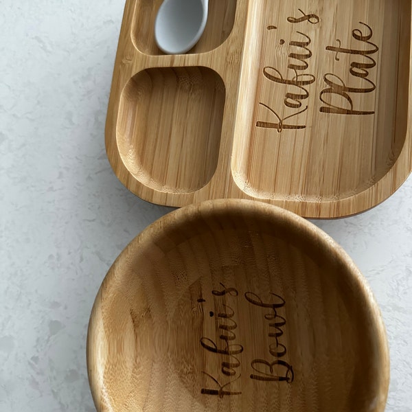 Personalised Bamboo Childrens Dining Set Spoon & Bowl Custom Engraved ...