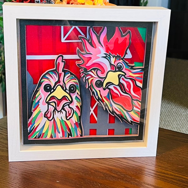 Chickens 3D Shadow Box SVG/ Farmhouse Wall Decoration/ Rooster and Hen ...