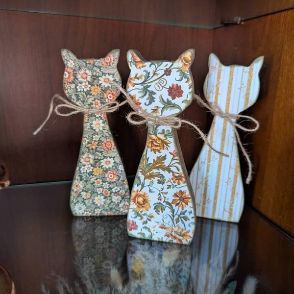Wood Cat Home Accents, Fall Cottagecore Cat Decor, Floral Wooden Cat ...