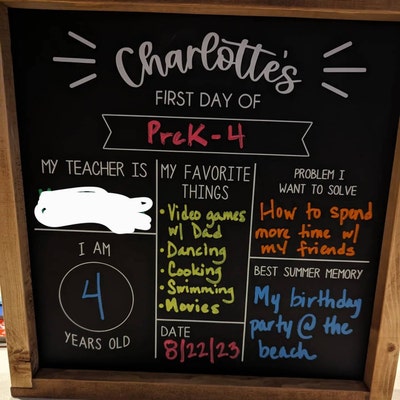 First Day of School Chalkboard Personalized Framed Double Sided First ...