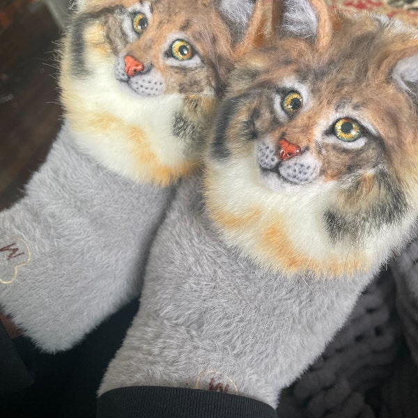 GRAY CAT MITTENS, Felt Animal Mittens, Designer Mittens, Mohair Mittens ...