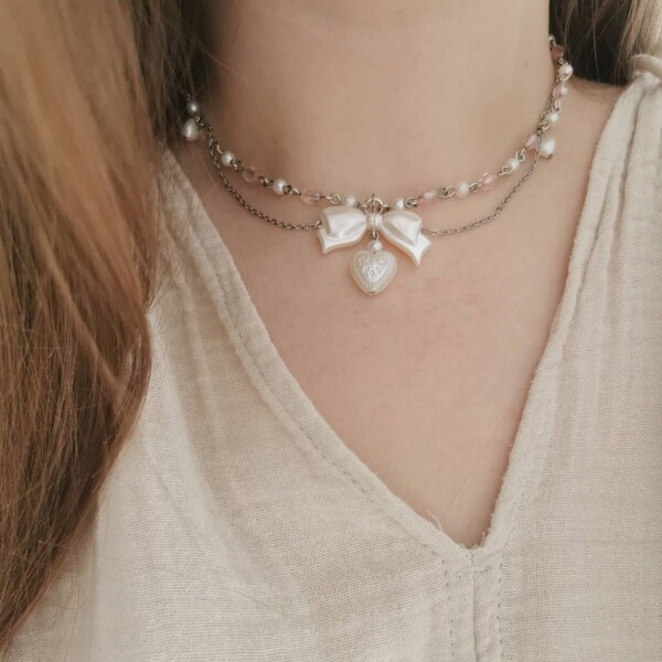 Coquette Pearl Necklace With Bow & Hearts Layered Bead Necklace ...