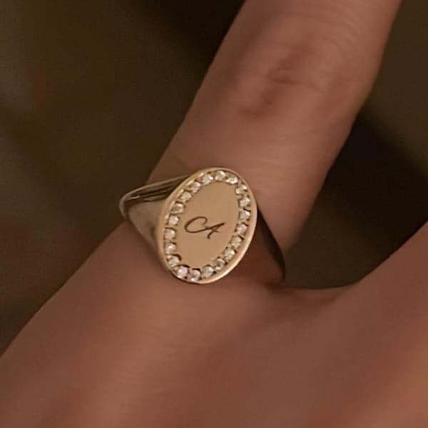 Solid Gold Signet Ring, 14k Initial Pinky Ring for Women, Chunky ...