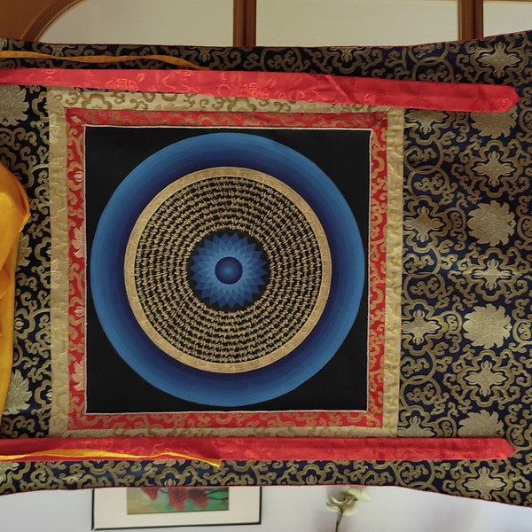 Blue Rainbow Mantra Mandala Thangka Painting, Om Mani Padme Hum, Cotton ...