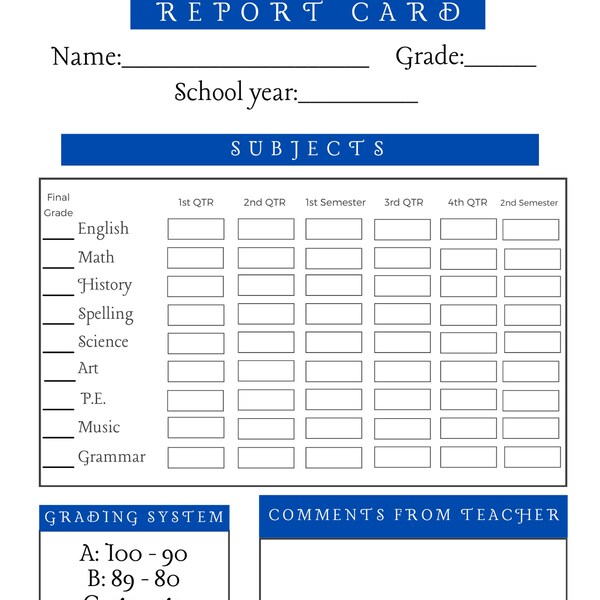 PRINTABLE Homeschool Report Card - Etsy