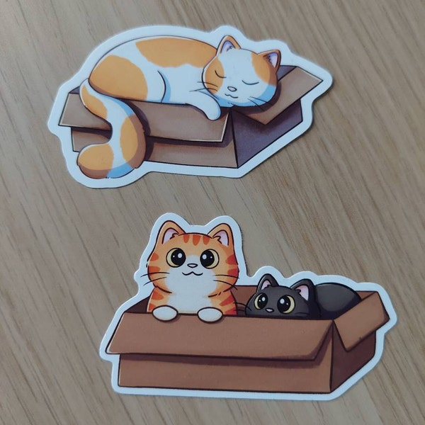Cute Cats in Box - Black Cat Sticker - Orange Cat Sticker - Kawaii ...