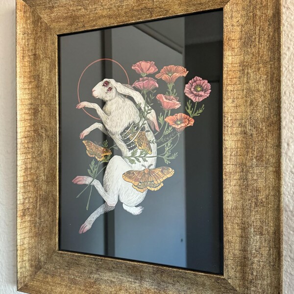 White Rabbit With Poppy Flowers- Giclee Print From Original Hand ...