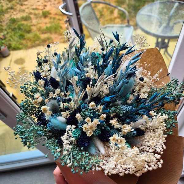 Blue Dried Flower Bouquet / Aqua Floral Arrangement / Flower Wedding ...