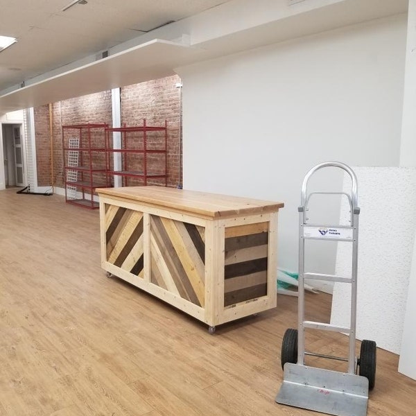 Vertical Oak Wood Slats Counter, Wood Retail Counter With One Shelf ...