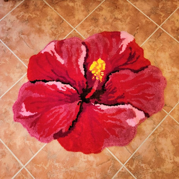 Red Hibiscus Flower Flocking Rug Floral Bath Mat Bath Mat Non-slip ...